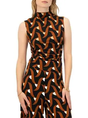 IVONNE Patterned Ruched High Neck Blouse - Multi-brown