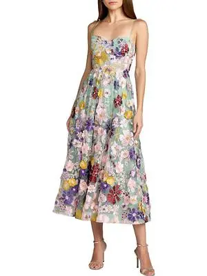 Mac Duggal Embroidered Midi Dress With Sweetheart Neck - Sage Multi