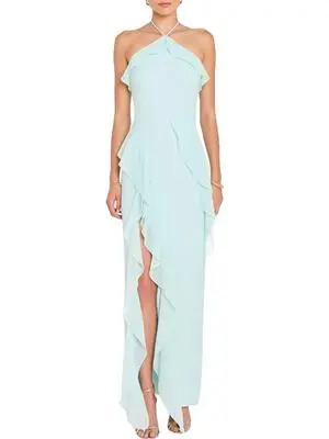 Amanda Uprichard Alessandra Halter Neck Ruffle Trim Gown - Cloud