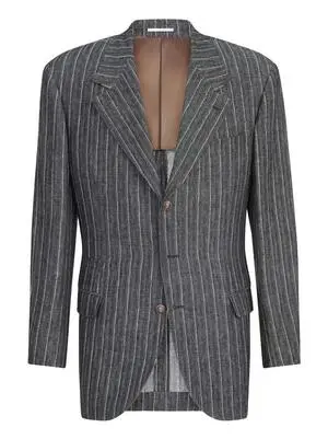 Brunello Cucinelli Linen Chalk Stripe Chevron Tailor Blazer With Metal Buttons - Grey