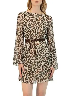 IVONNE Animal Print Mini Dress With Bell Sleeves - Brown