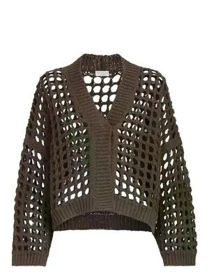 Brunello Cucinelli Jute And Cotton Net Cardigan Brown