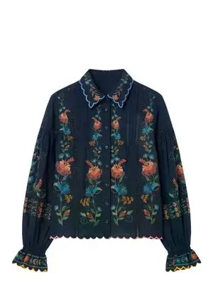 Farm Rio Embroidered Scalloped-edge Shirt - Blue