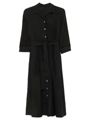 120% Lino Belted Button-down Midi Dress - Black