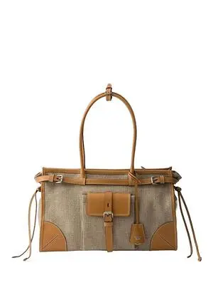 Prada Linen And Leather Tote Bag - Neutral