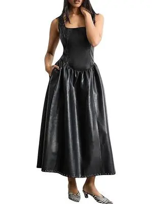 WAREHOUSE Faux Leather Whipstitch Trim Midi Dress - Black