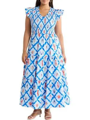 SUGARLIPS Tiered Midi Dress - Whtblue-multi