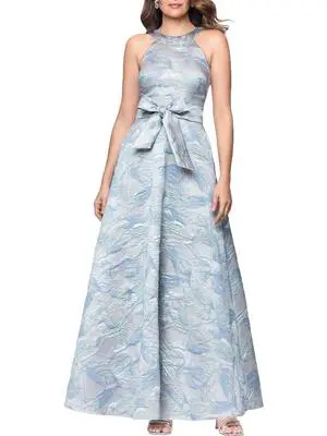 Betsy & Adam Bow Detail Leaf Brocade Ball Gown - Sage/gold