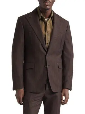 Double Rl Pinstripe Wool Flannel Western Tuxedo Jacket - Brown Charcoal