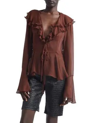 KIM SHUI Arianna Silk Chiffon Tie Shirt - Brown