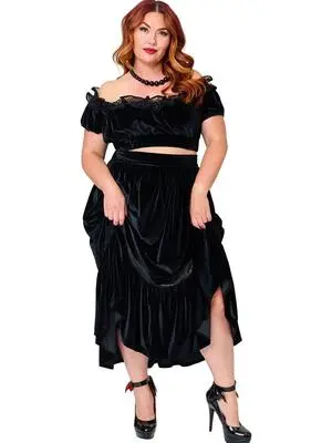Unique Vintage Tiered Midi Skirt With Floral Print - Black Solid