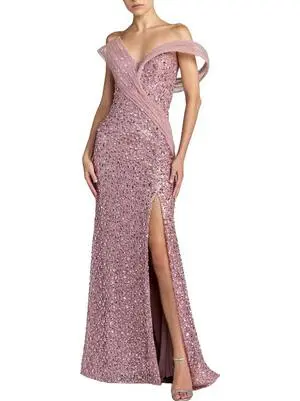 Mac Duggal Sequin Gown With Sculptural Off-shoulder Detail - Blush
