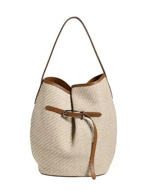 LIFFNER Belted Raffia Bucket Bag Beige Silver Hardware
