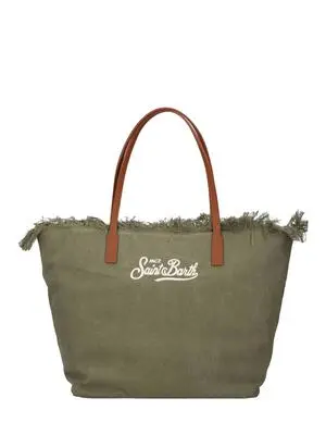 MC2 SAINT BARTH Embroidered Tote Bag With Leather Handles Green