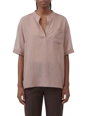 ROBERTO COLLINA Striped Shirt With Band Collar - Brown
