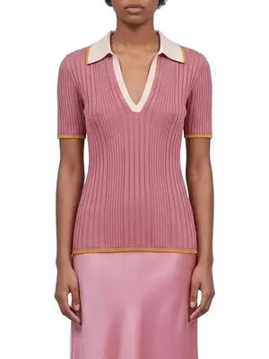 ROBERTO COLLINA Ribbed Knit Polo Shirt - Brick Red