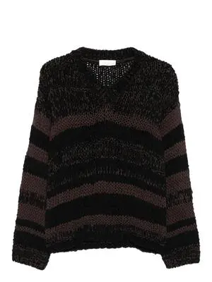 ROBERTO COLLINA Chunky-knit Striped V-neck Sweater - Black