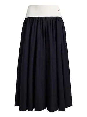 Polo Ralph Lauren Logo-embroidered Contrast-waistband Cotton Midi Skirt - Atlantic