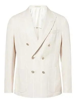Eleventy Double-Breasted Pinstripe Cotton And Linen-Blend Jacket Sand