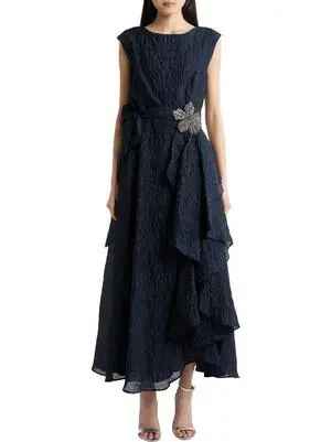 TAHARI ASL Beaded Flower Crinkled Taffeta Maxi Dress - Navy