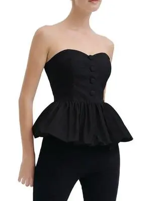 MAUDE CLUB Wyatt Strapless Cotton Bubble Hem Peplum Top - Black