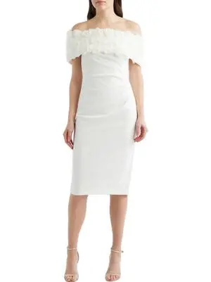 Eliza J Floral Appliqué Off-the-shoulder Scuba Crepe Sheath Dress - Ivory
