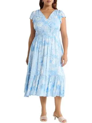 SUGARLIPS Seraphina Floral Maye Smocked Midi Dress - White-blue-multi