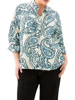 Karen Kane Ruched Sleeve Cotton Button-up Shirt - Print