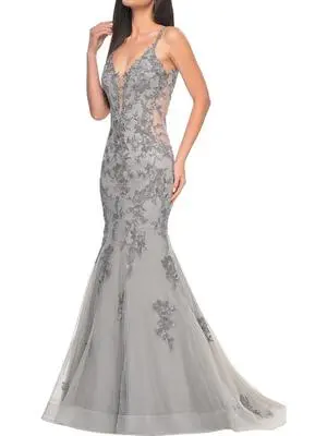 La Femme Mermaid Gown With Lace Applique - Silver