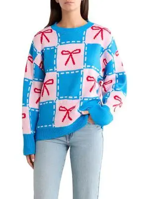 SUGARLIPS Oversized Sweater With Bow And Check Pattern - Blue-multi