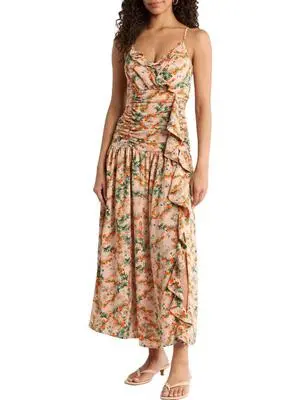 SUGARLIPS Floral Ruched Maxi Dress - Orange-multi