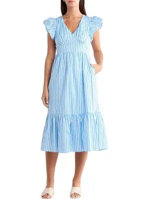 SUGARLIPS Striped Cotton Dress With Ruffle Sleeves - Blue-wht-stripe