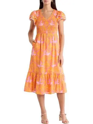 SUGARLIPS Kaidy Tropical Print Midi Dress - Orange-pinks-multi