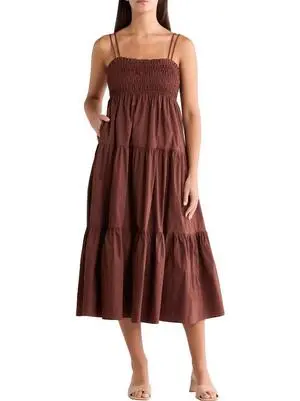 SUGARLIPS Gennie Smocked Tie Cotton Midi Dress - Brown