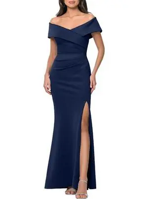 XSCAPE EVENINGS Long Ruched Scuba Gown Midnight