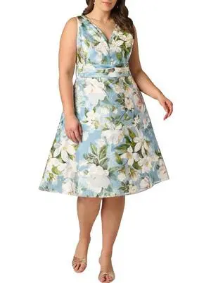 Adrianna Papell Magnolia Floral Jacquard Midi Fit & Flare Dress - Blue Multi