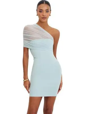 MISS CIRCLE NEW YORK Phoebe One-shoulder Ruched Mesh Mini Dress - Mint