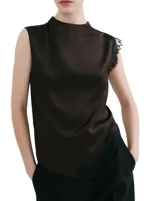 Mango Lace Trim Asymmetric Satin Top - Brown
