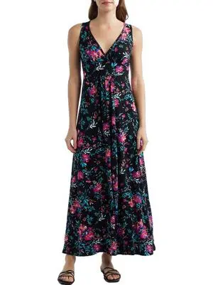 Loveappella Floral Sleeveless Jersey Maxi Dress - Black/fuchsia