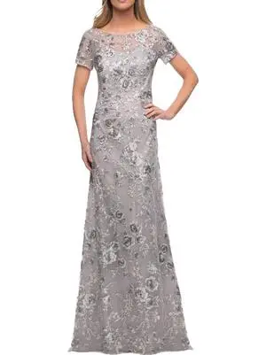 La Femme Metallic Embroidered Lace Evening Gown - Silver