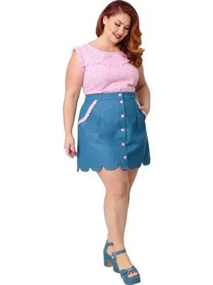 SMAK PARLOUR Scallop Hem Mini Skirt - Blue & Pink Gingham