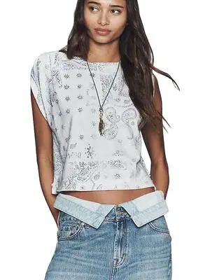 RAGABOND Jackie Pleated T-shirt Top - Blue Pattern