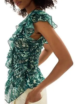 Free People Printed Ruffled Top - Aqua Combo