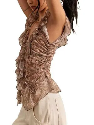 Free People Printed Ruffled Top - Tan Combo