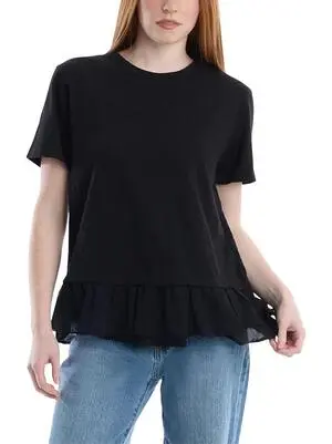 Wilt Short Sleeve Mixed Media Tee With Ruffled Hem - Black