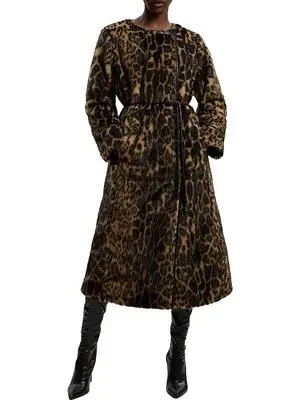 KAREN MILLEN Faux Fur Collarless Belted Midi Coat