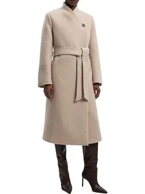 Karen Millen Wool Wrap Neck Tailored Belted Midi Coat - Oatmeal