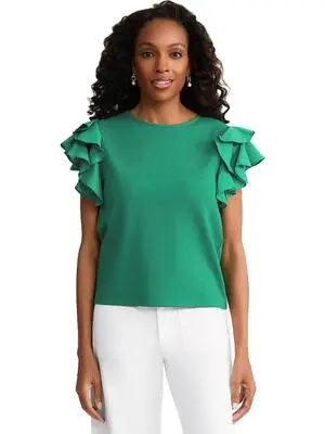 Ming Wang Flutter Sleeve Mixed-media Top - Kelly Green