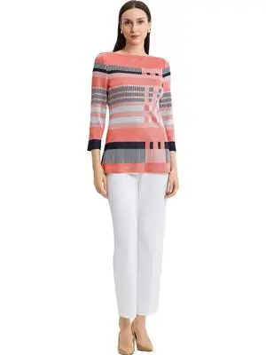 Ming Wang Jacquard Colorblock Knit Tunic - Sunkist Coral/white/indigo