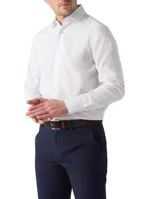 Robert Talbott Reynolds Blue Multi Thin Stripe Cotton Linen Blend Shirt In Contemporary Fit Raspberry